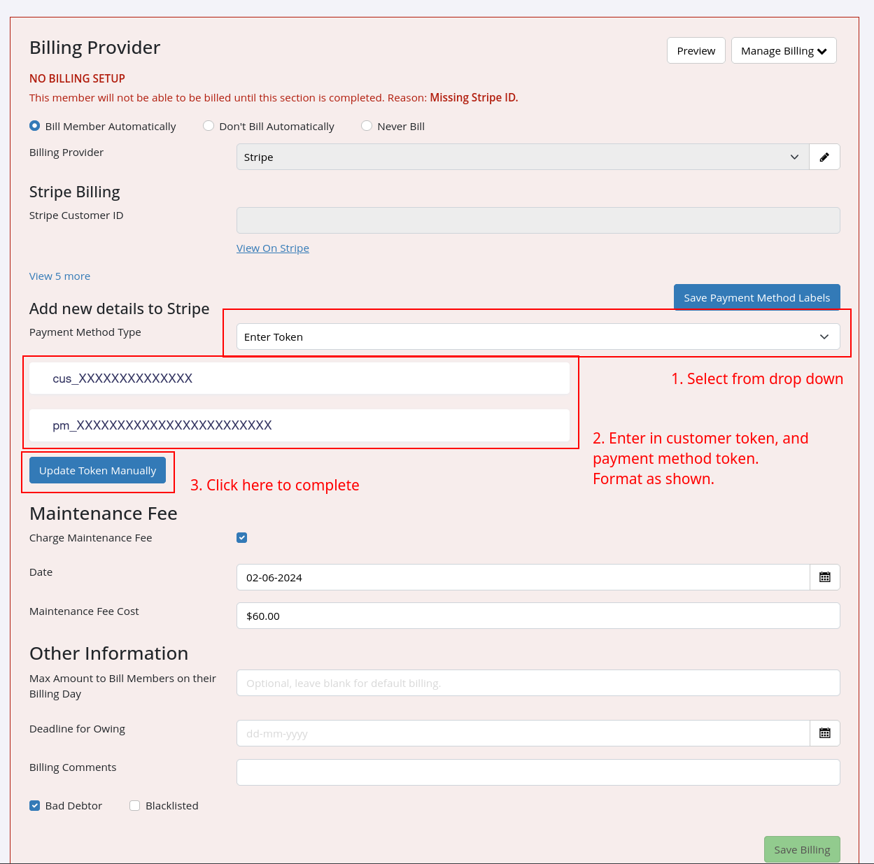 Manual Entry of Billing Tokens