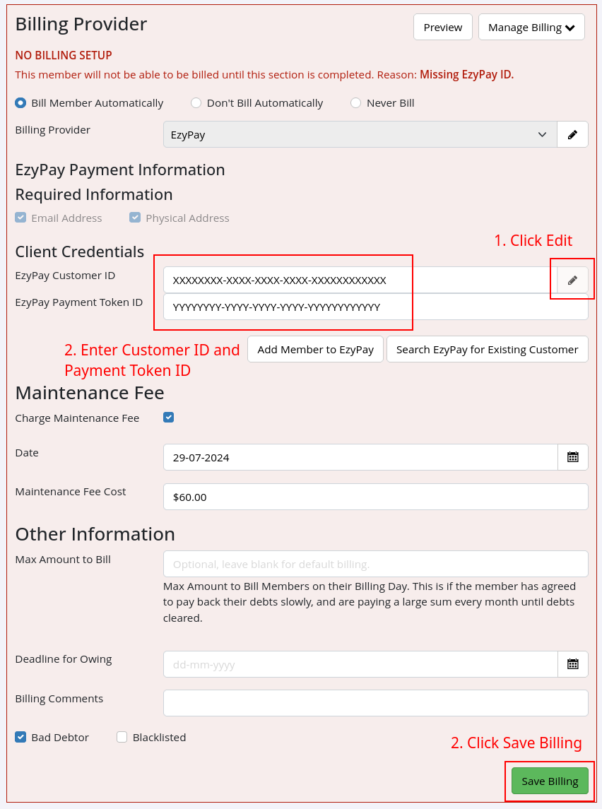 Manual Entry of Billing Tokens
