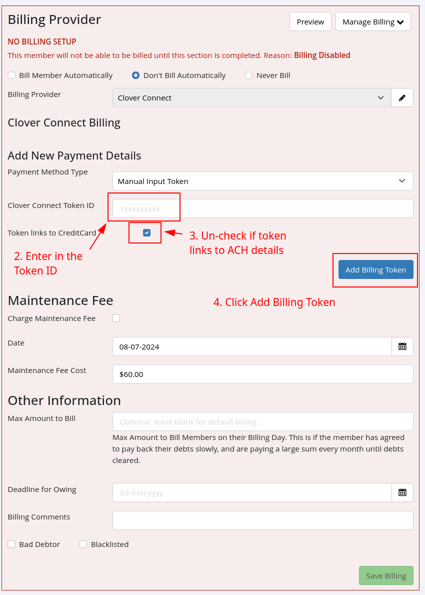 Manual Entry of Billing Tokens